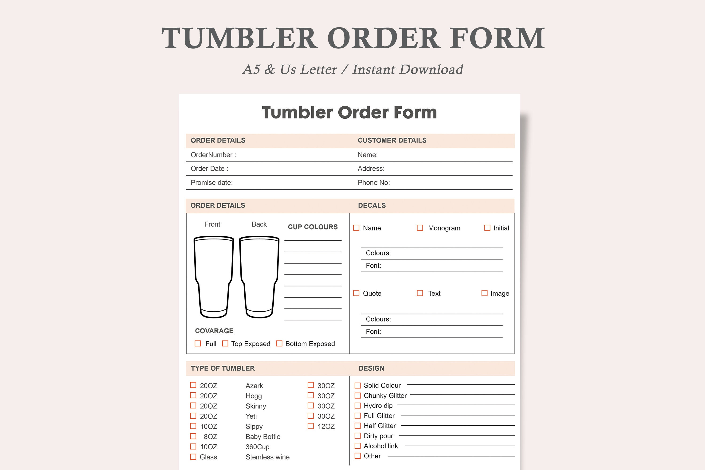 Tumbler Order Form,tumbler Form,tumbler Order Form Template,printable ...