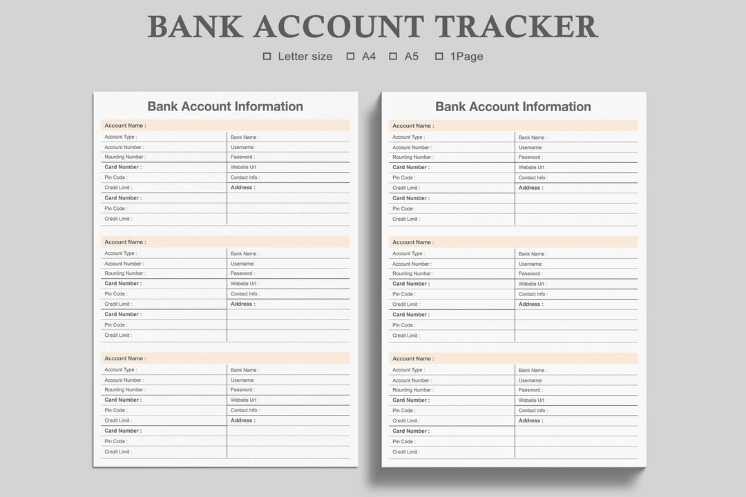 Bank Account Trackerbank Account Infobank Account - Etsy