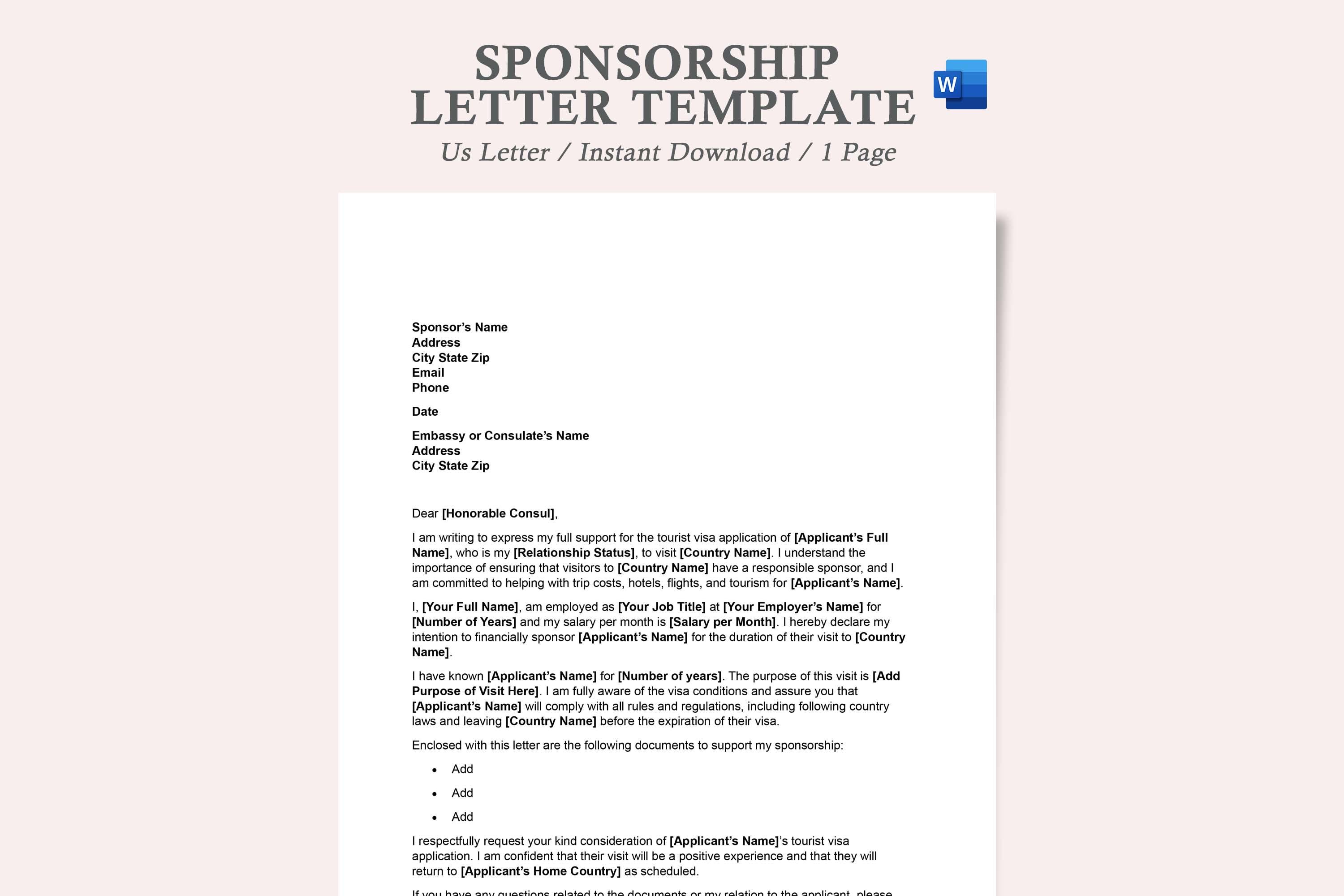 Sponsorship Letter Format For Visa