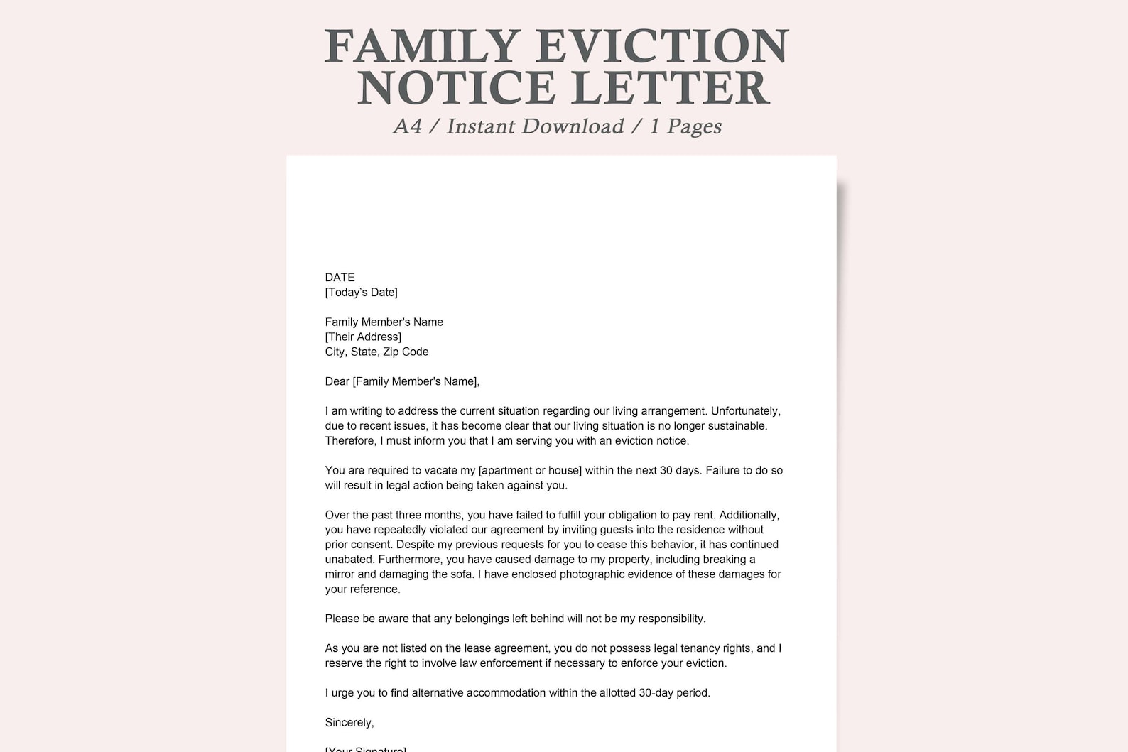 Eviction Letter for Family Member,letter of Eviction for Family Member ...