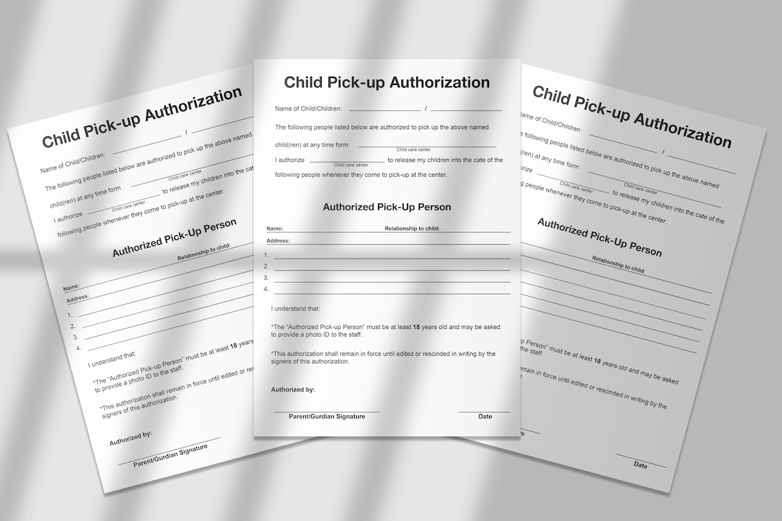 Child Pick-up Authorization Form,daycare Pickup Authorization Form - Etsy