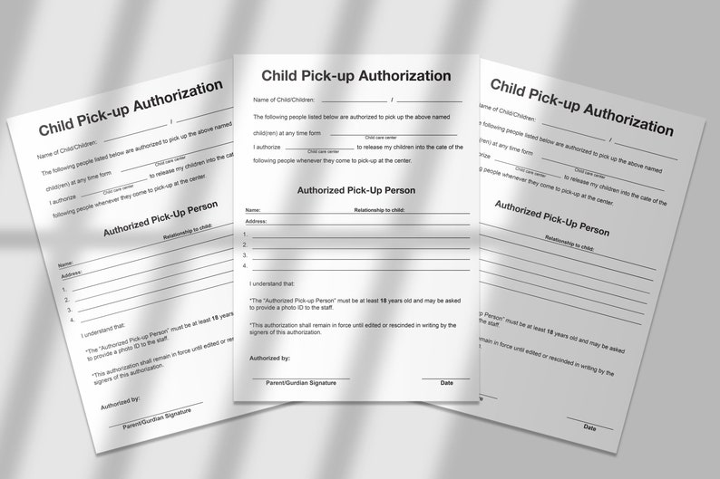 Child Pick-up Authorization Form,daycare Pickup Authorization Form - Etsy