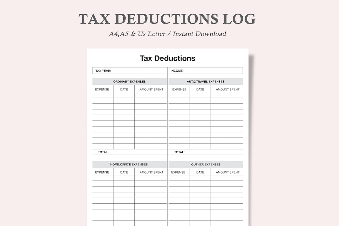 Tax Deduction Log,tax Deduction Tracker,tax Deduction Sheet,tax Write ...