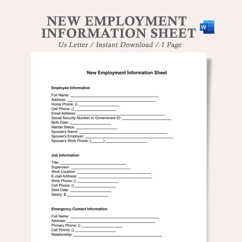 Employee Data Sheet Template - Etsy