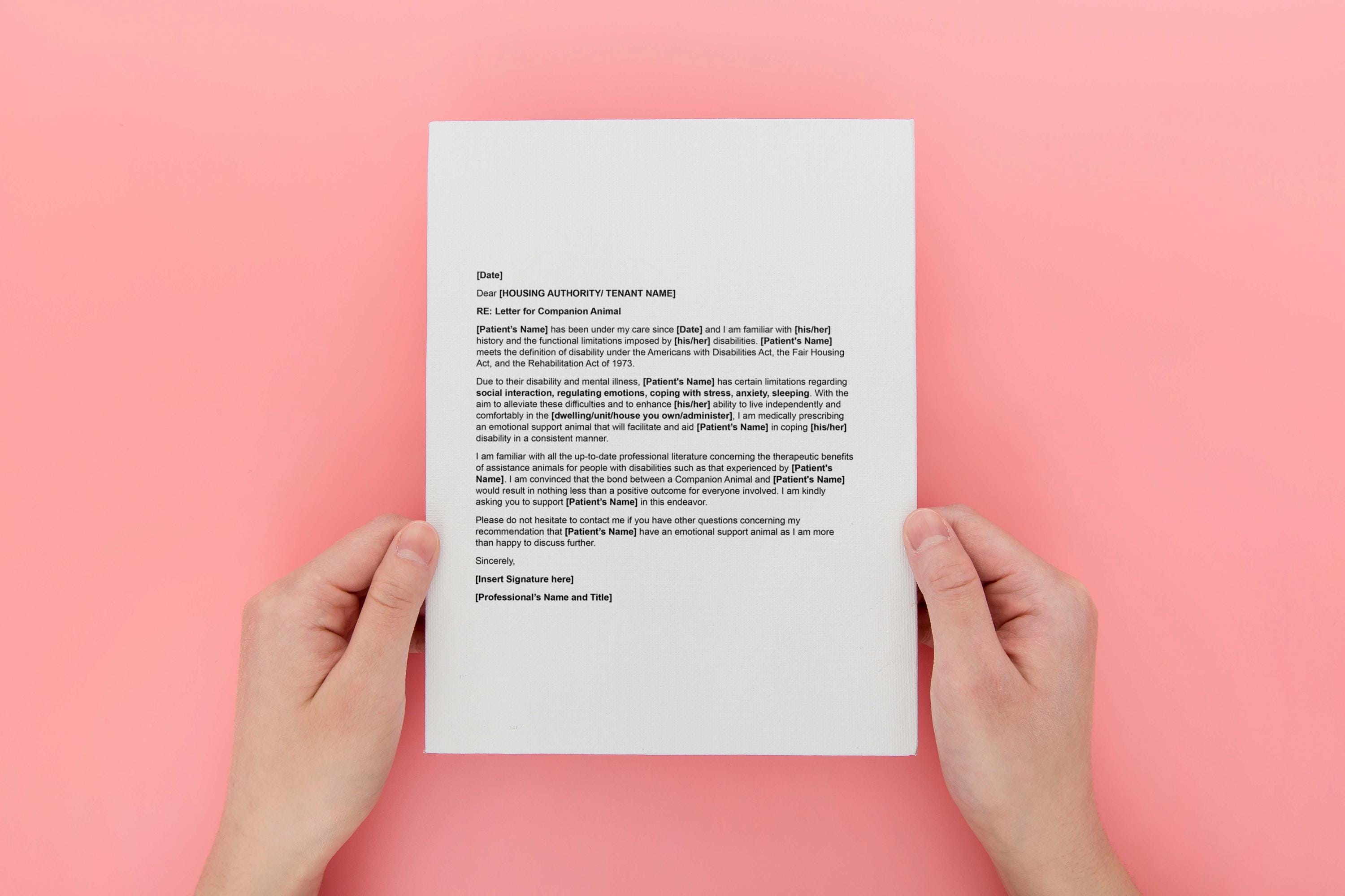 Emotional Support Animal Letter,esa Letter,esa Letter Template,esa ...