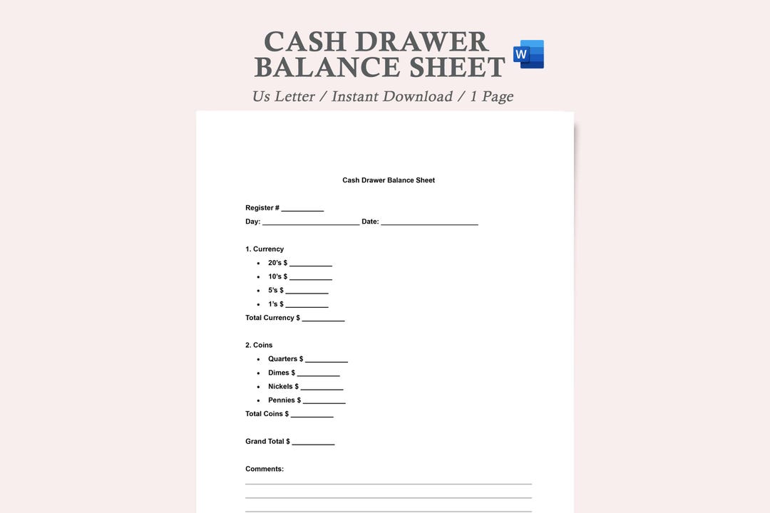 Cash Drawer Balance Sheet,cash Drawer Count Sheet,printable Daily Cash ...