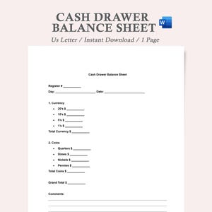 Cash Drawer Balance Sheet,cash Drawer Count Sheet,printable Daily Cash ...