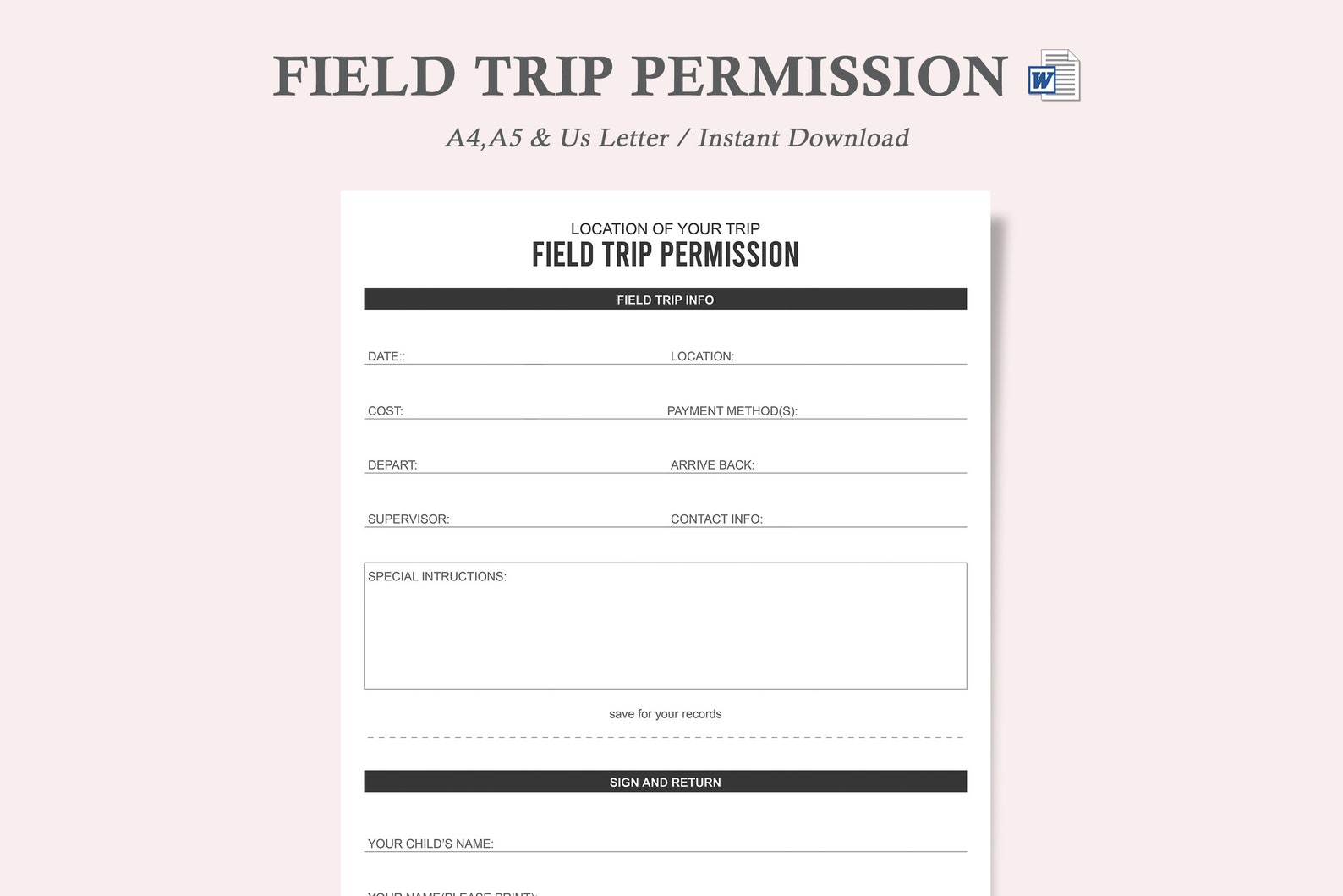 Field Trip Form,field Trip Template,field Trip Permission Slip Template ...