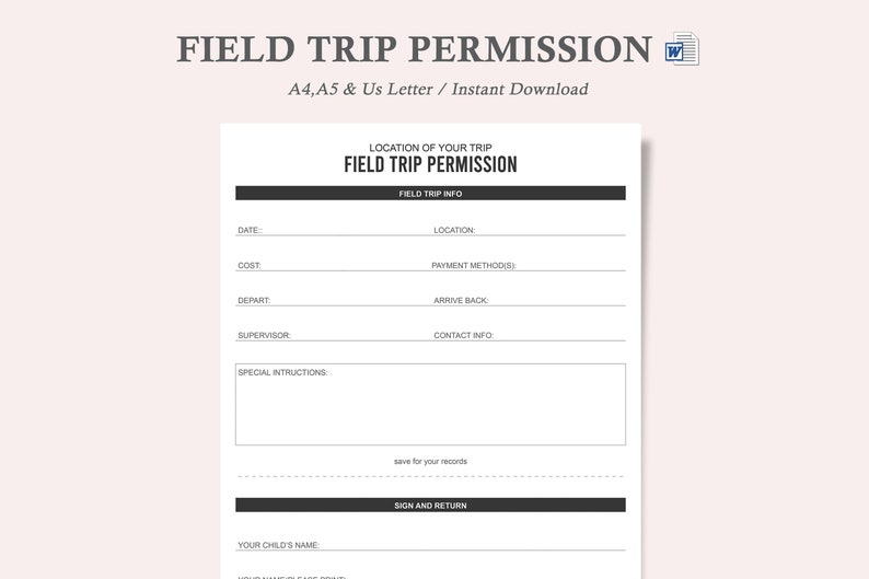 Field Trip Form,field Trip Template,field Trip Permission Slip Template,blank Field Trip ...