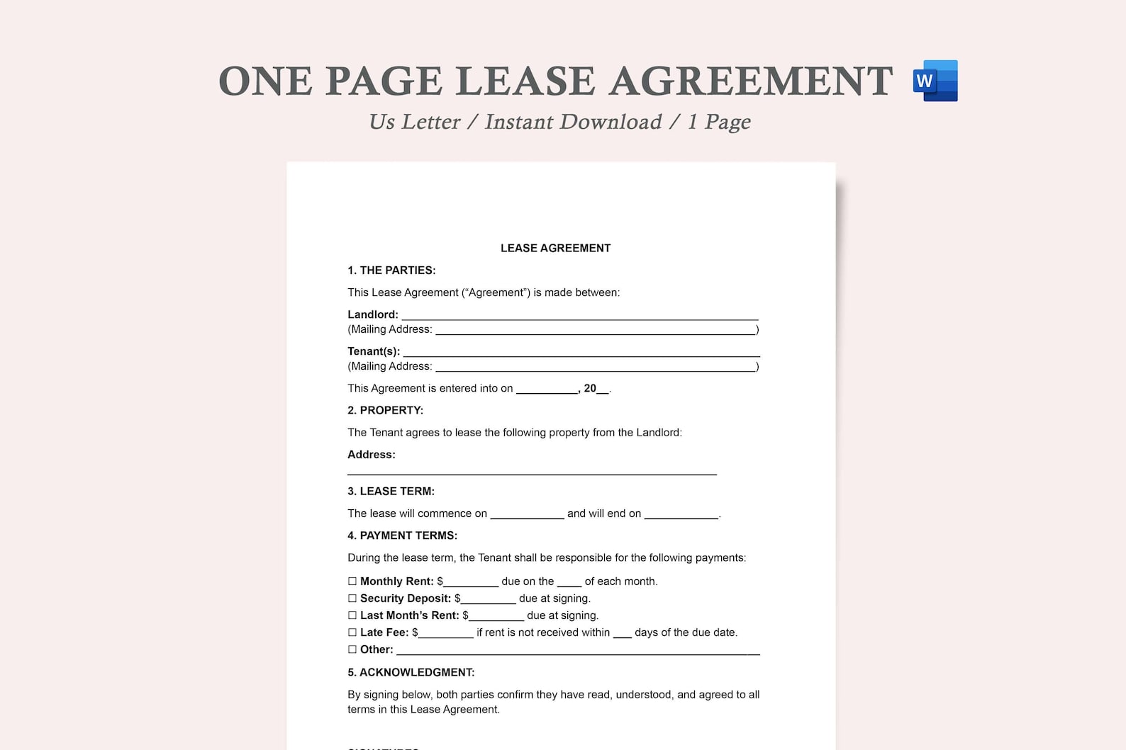 Simple One Page Lease Agreement,lease Agreement Template,lease Contract ...