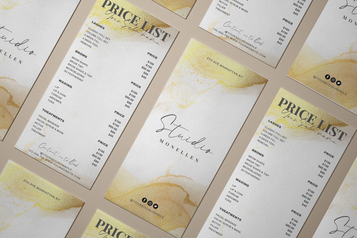 Gold Price List Template,editable Price List Template,salon Price List ...