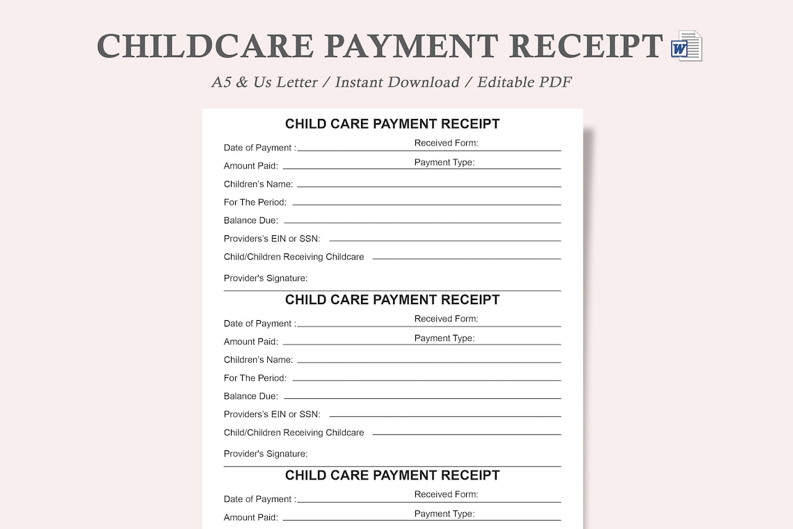 Child Care Receipt,daycare Receipt Template,daycare Receipt Form ...