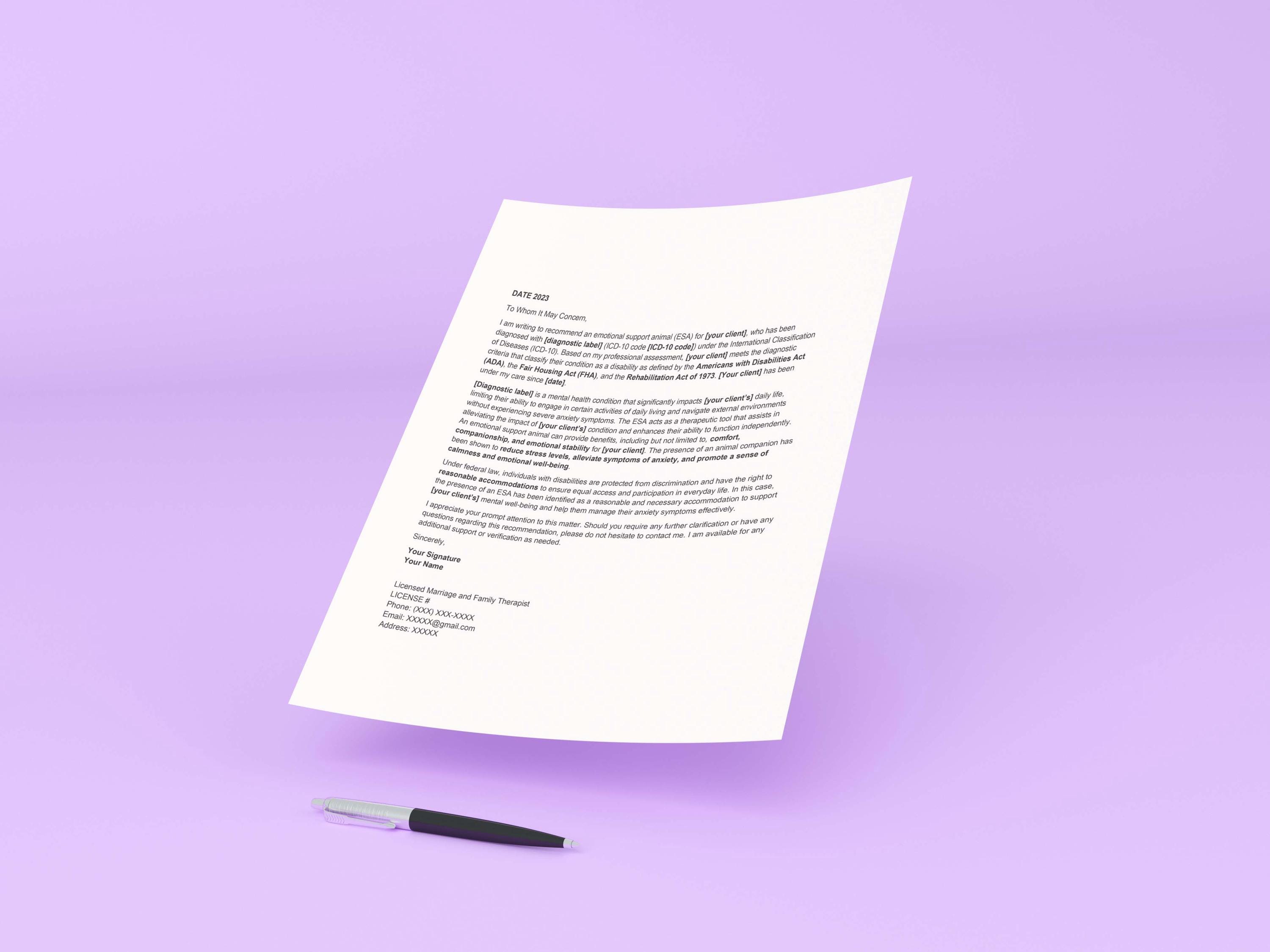 Emotional Support Animal Letter,esa Letter,esa Letter Template,support ...