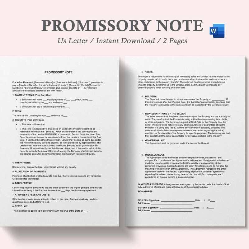Promissory Note Template - Etsy