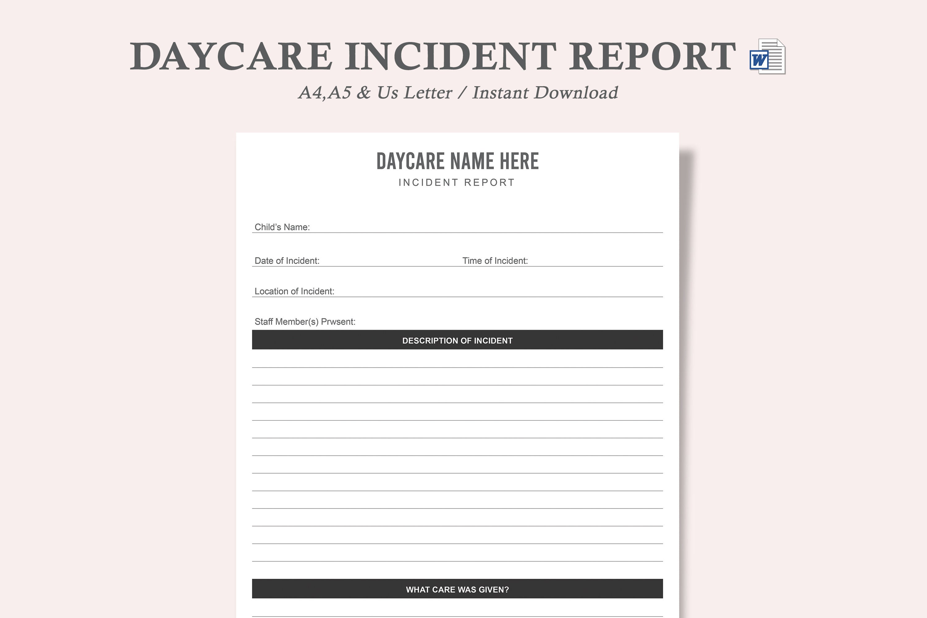 Daycare Incident Report,daycare Report,daycare Daily Report,preschool ...