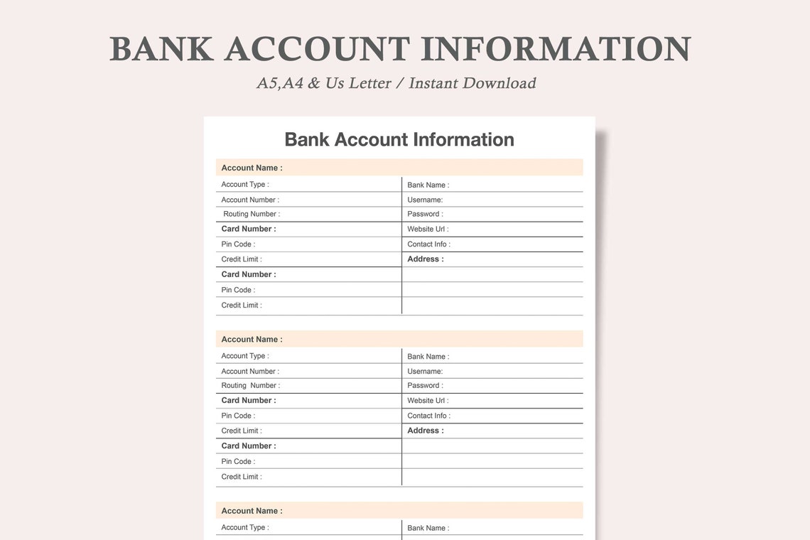 Bank Account Tracker,bank Account Info,bank Account Log,account Info ...