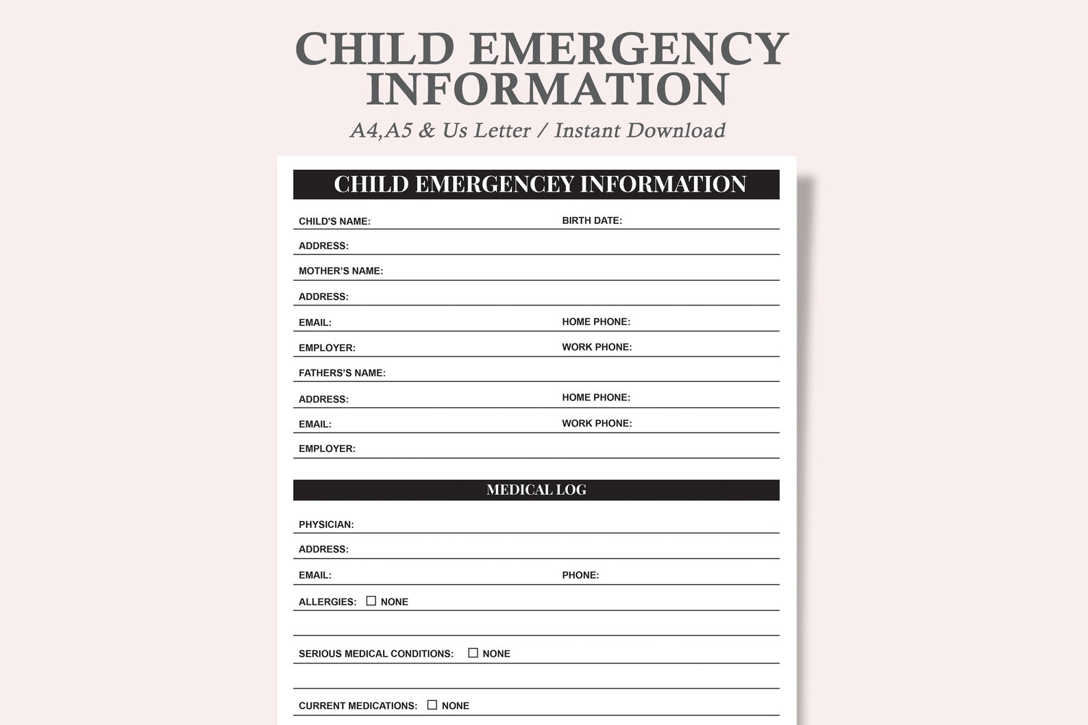 Emergency Contact Form for Daycare,daycare Emergency Form,daycare ...