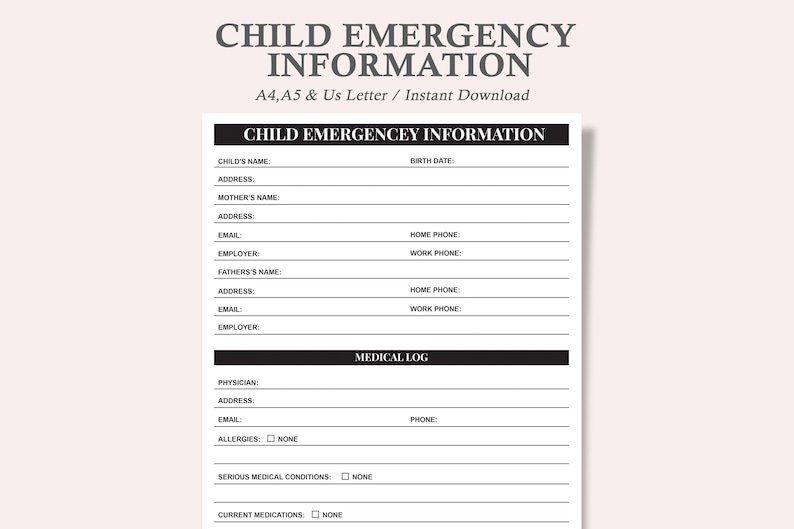 Emergency Contact Form for Daycare,daycare Emergency Form,daycare ...