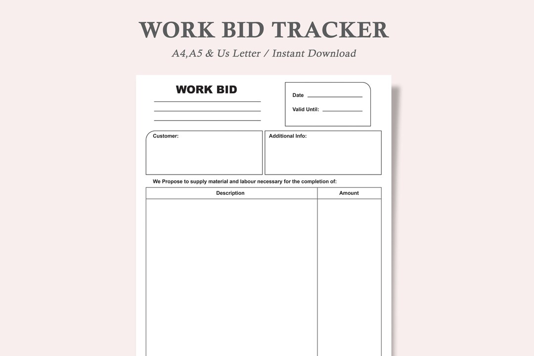 Work Bid Tracker,work Bid Printable,job Proposal,company Business Forms ...