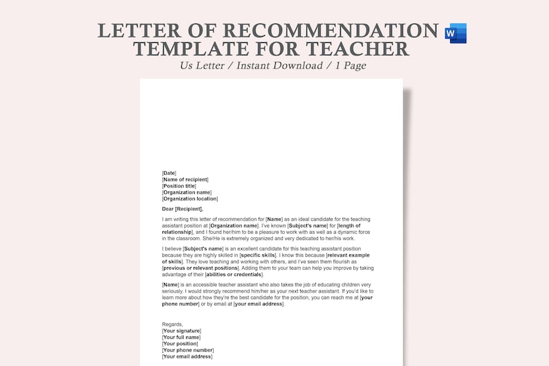 Letter of Recommendation Template for Teacher,teacher Assistant ...
