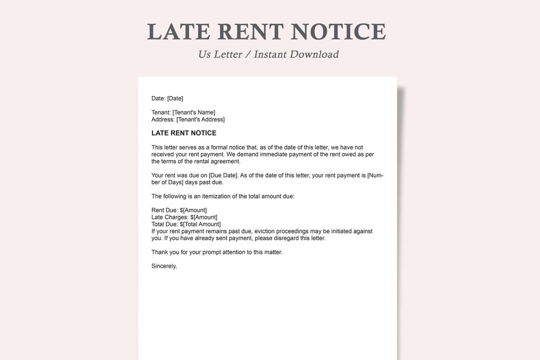 Late Rent Notice,rental Agreement Letter,late Rent Payment Notice ...
