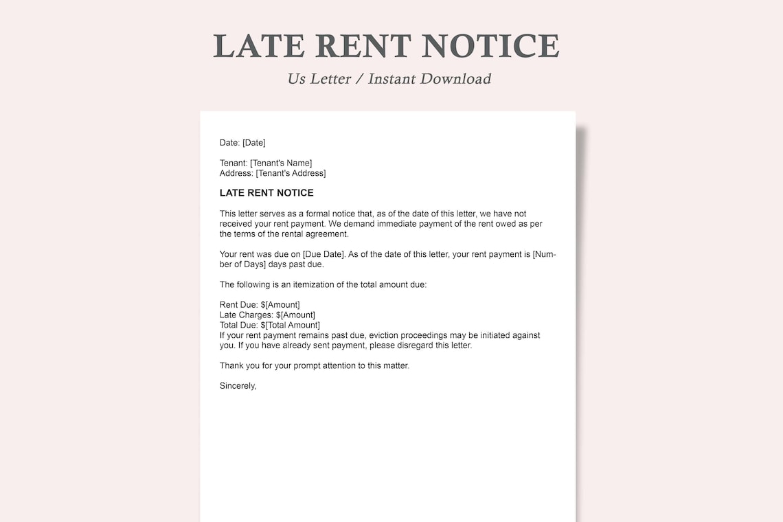 Late Rent Notice,rental Agreement Letter,late Rent Payment Notice ...
