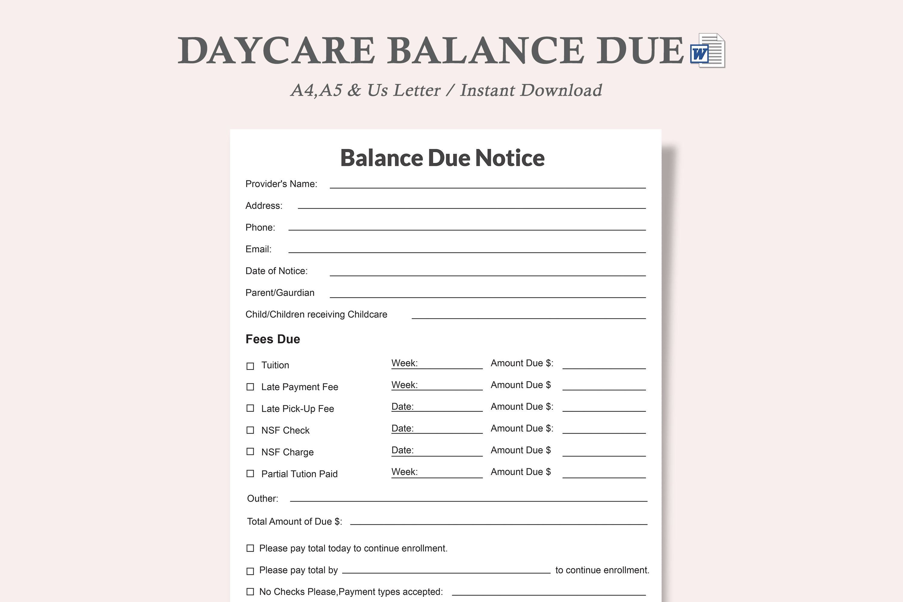 Daycare Balance Due,daycare Past Due,printable Daycare,child Care ...
