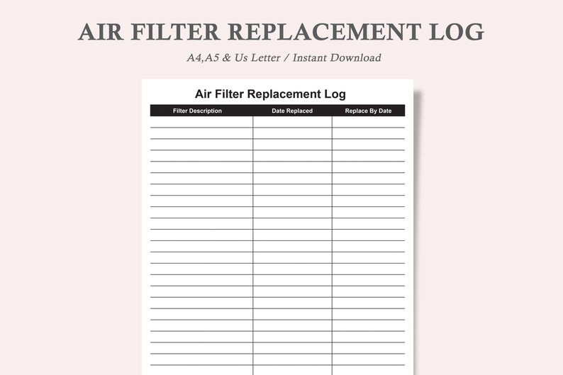 Filter Replacement Log,air Filter Log,air Filter Planner,ac Filter Log ...