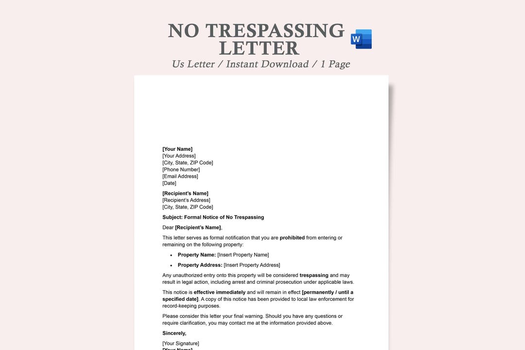 No Trespassing Letter,no Trespass Notice Template,no Trespassing ...