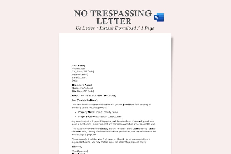 No Trespassing Letter,no Trespass Notice Template,no Trespassing ...