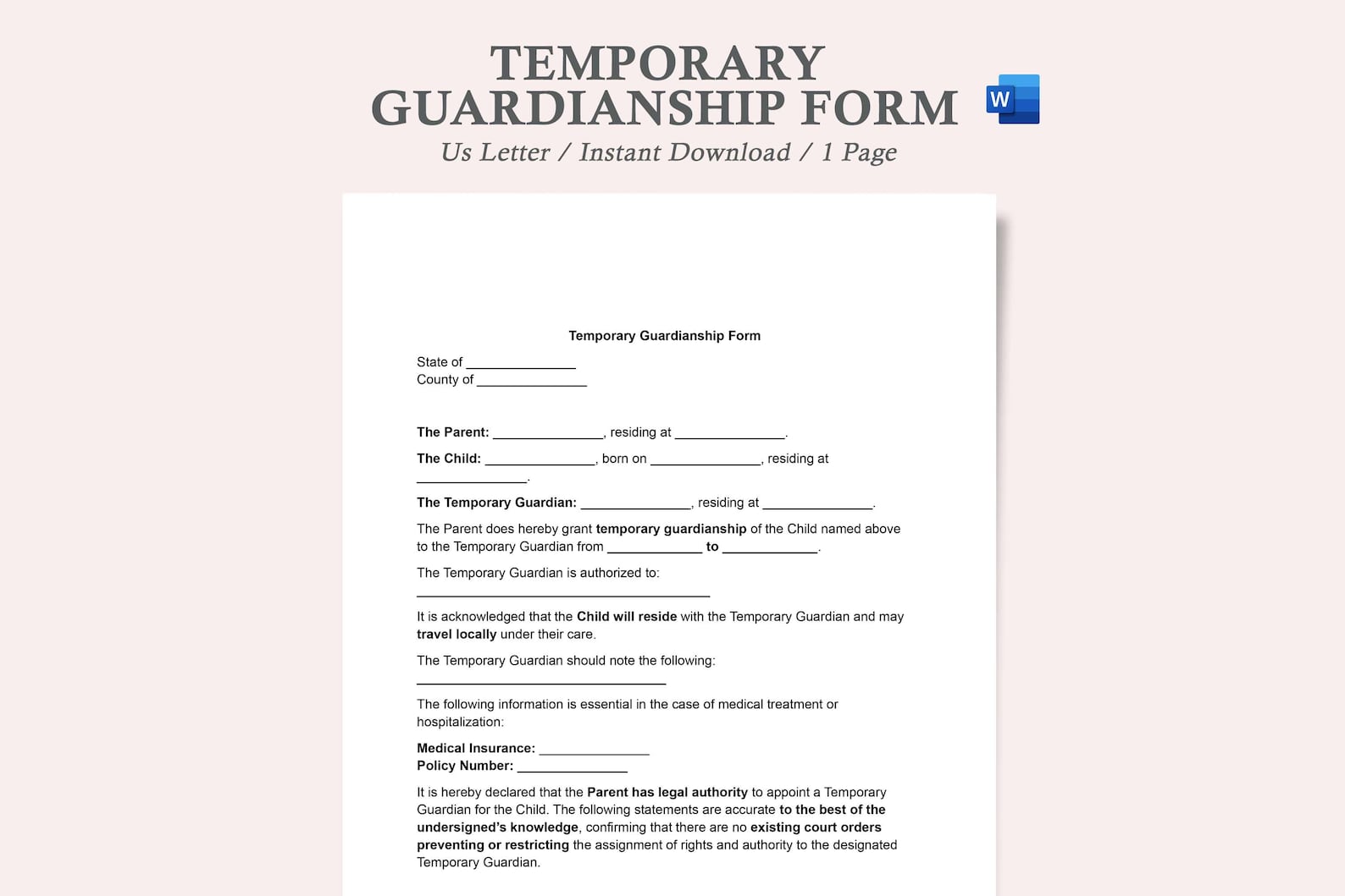 Temporary Guardianship Form,temporary Guardianship Agreement Form ...
