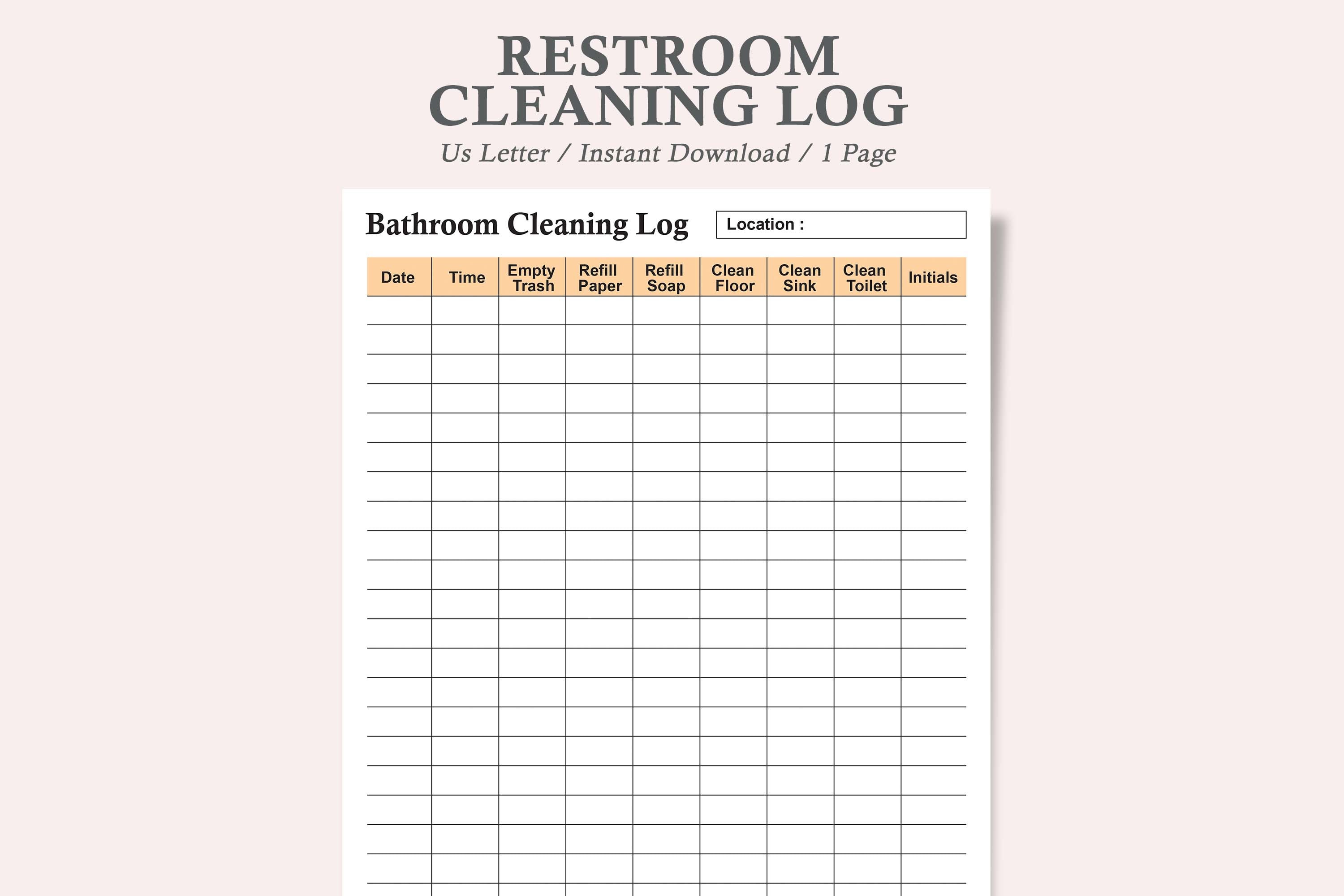 Restroom Cleaning Log,bathroom Cleaning Log,bathroom Checklist,restroom ...