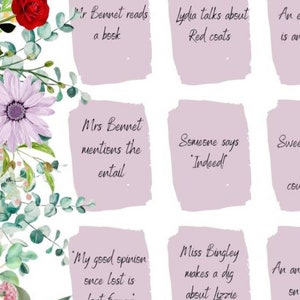 Pride and Prejudice Jane Austen Bingo Cards. Jane Austen Game. Literary ...