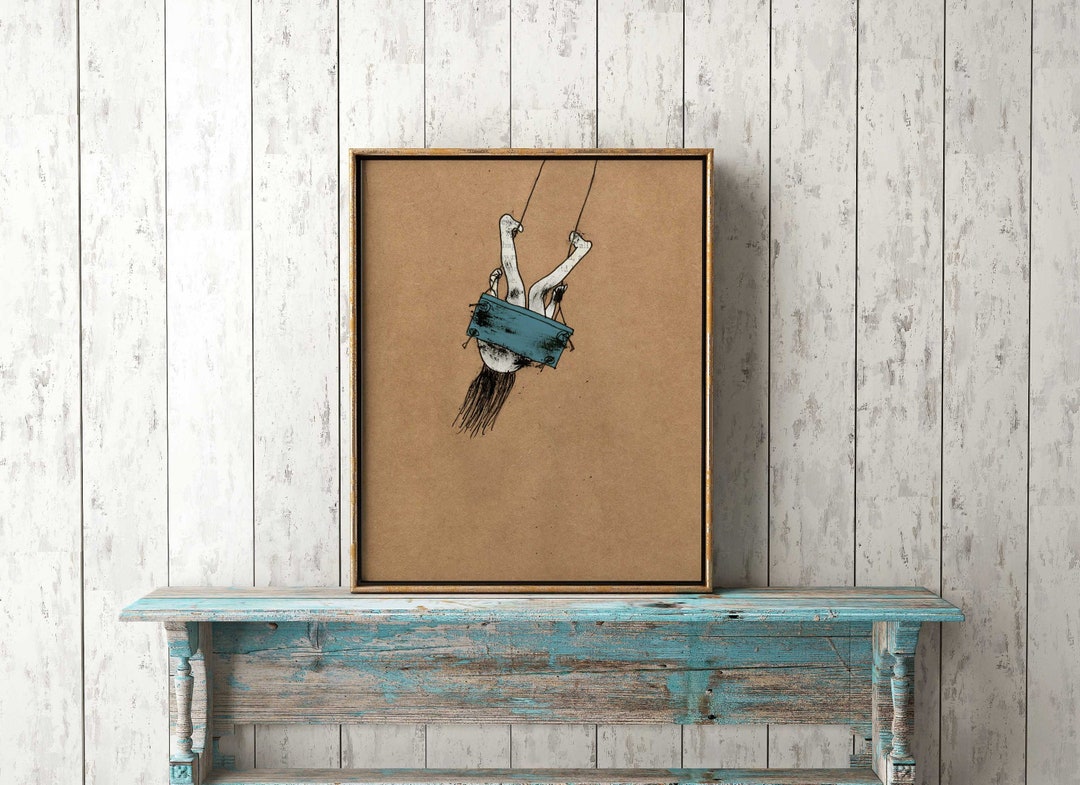Girl Swinging Illustration, Hand Drawn, Print Art, Brown - Etsy