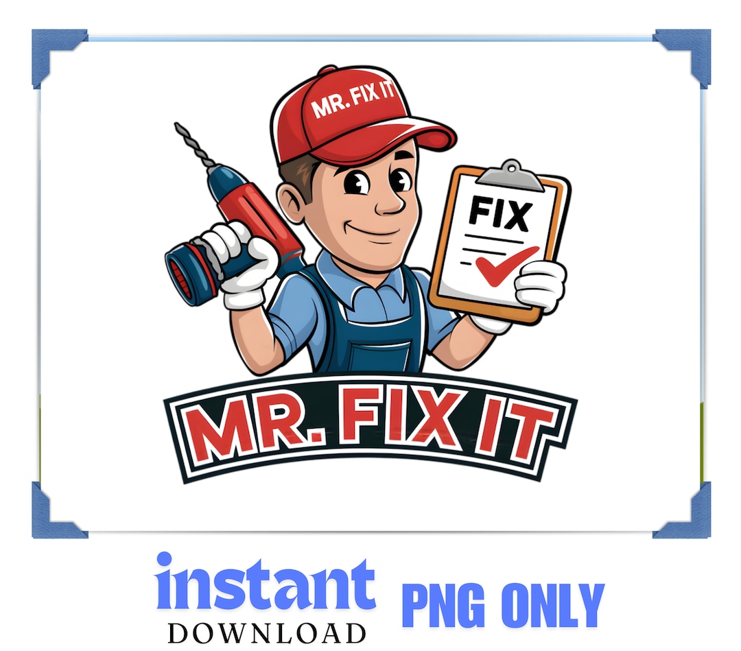 Mr. Fix It Cartoon Handyman Logo Design DIY Repair Art Home Maintenance PNG Digital File PNG ...