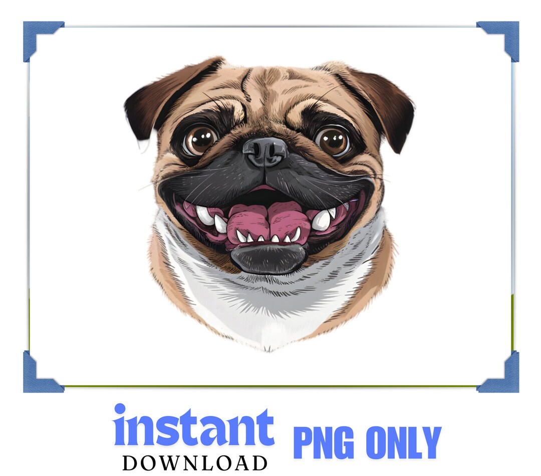 Adorable Smiling Pug Illustration Cute Cartoon Dog Art Funny Pug Face ...