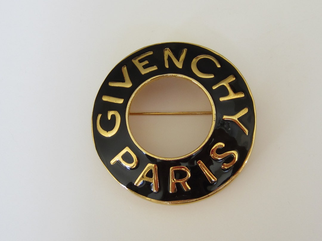 Givenchy Paris RARE Gold Tone and Black Enamel Logo Brooch Vintage ...