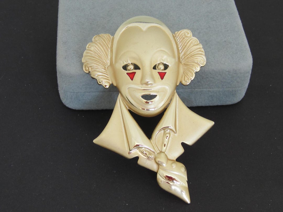 Vintage Sad Clown Pierrot Brooch in Gold Tone Oversized Clown Circus ...