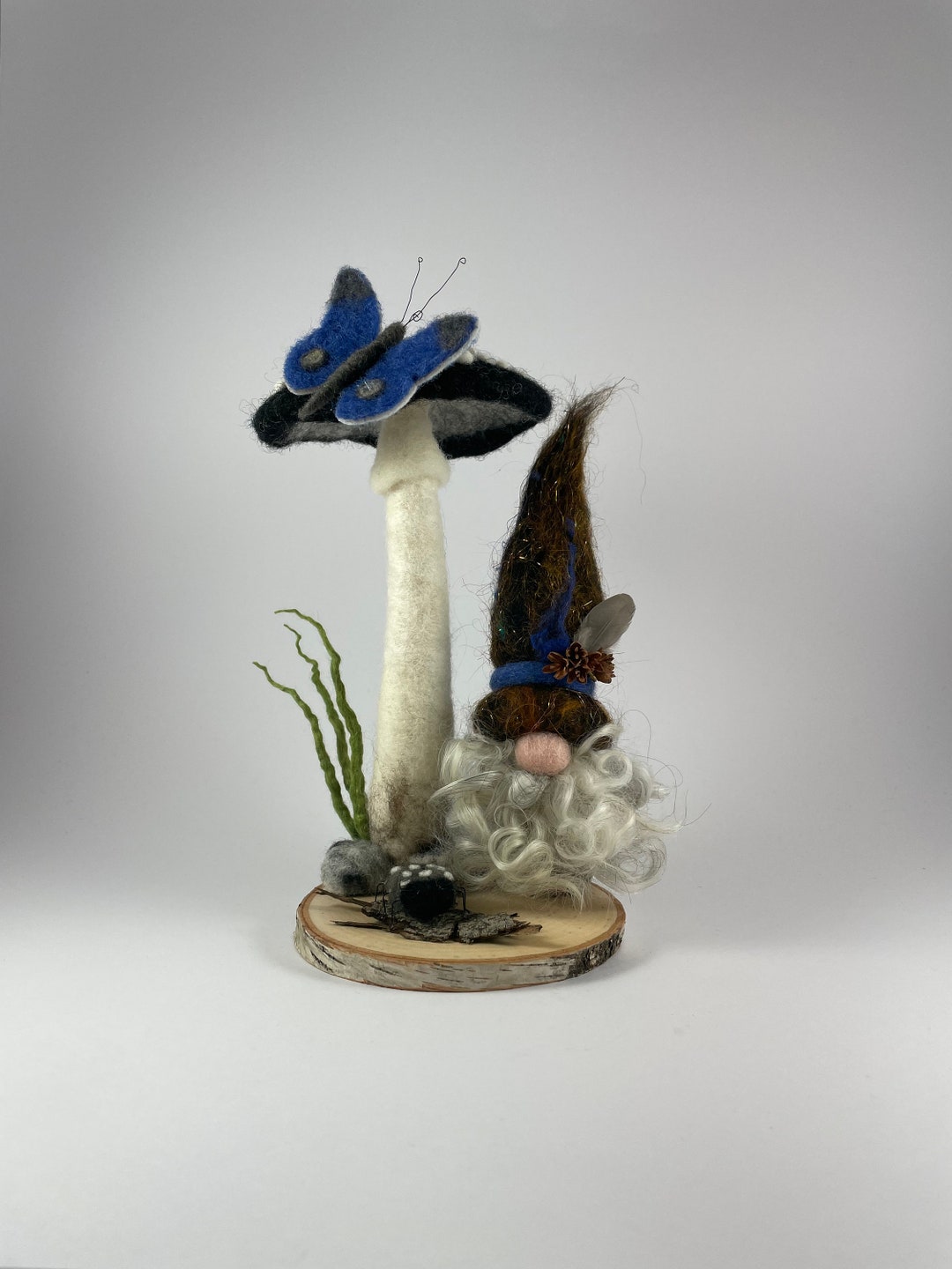 Gnome in Copper & Black Needle and Wet Felted Scene With Mushroom, Blue ...