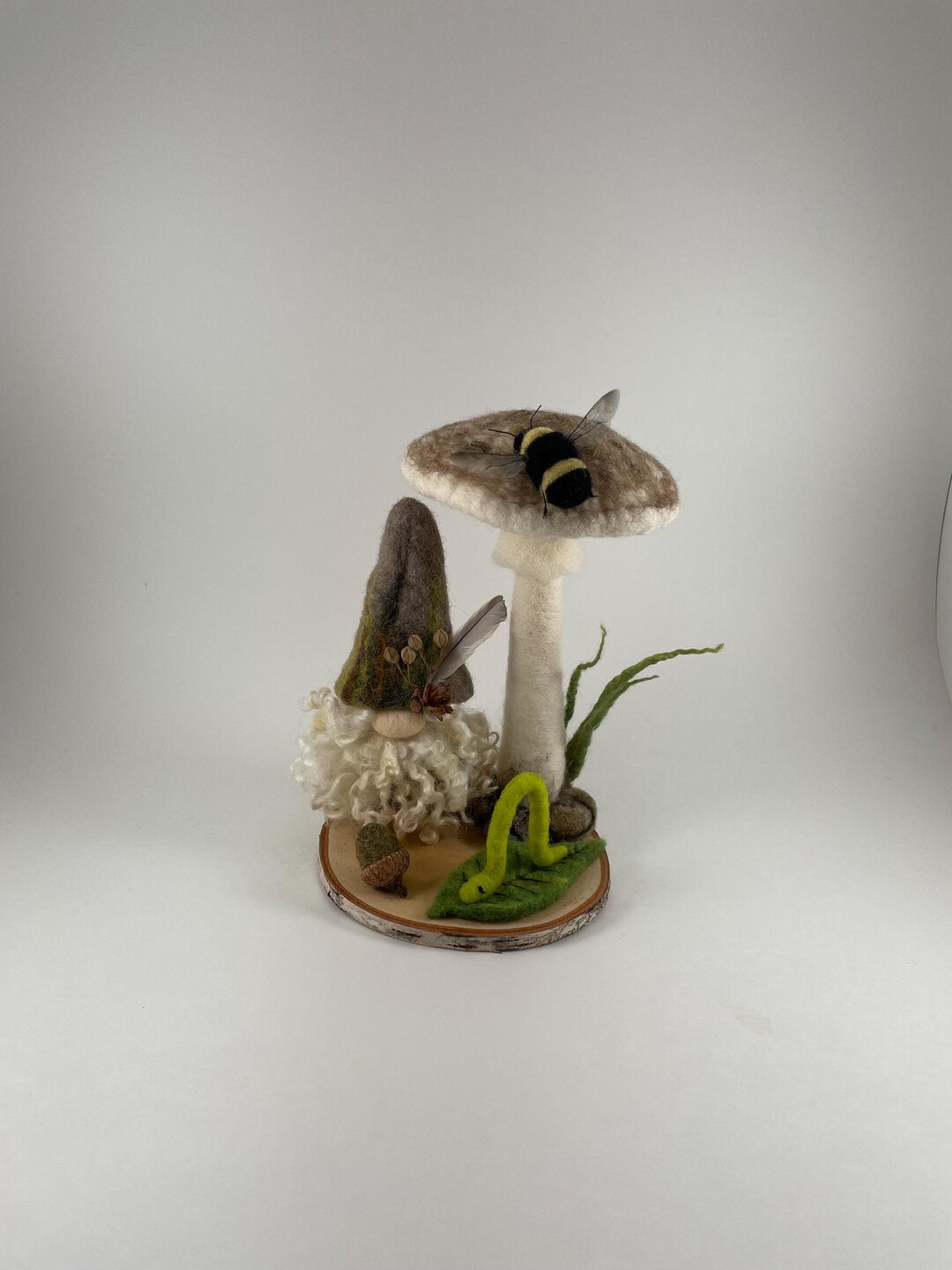Handmade Needle Felted Gnome Scene With Inchworm, Bumblebee & Large ...