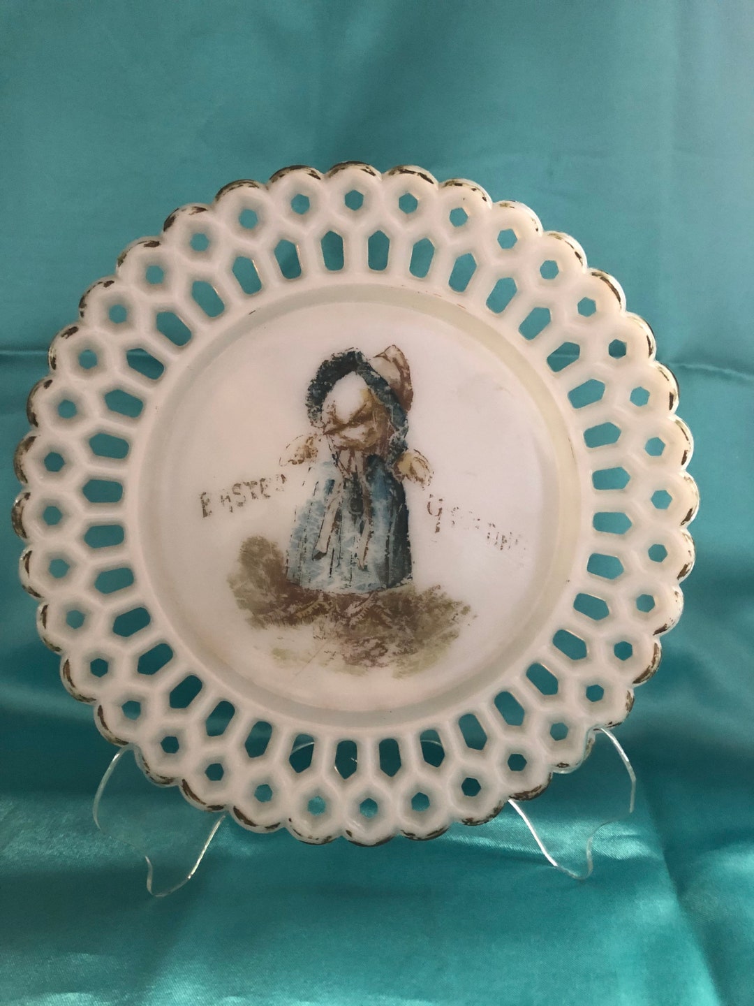 Vintage Milk Glass Lace Edge Plate With Hand Painted Anthropomorphic ...