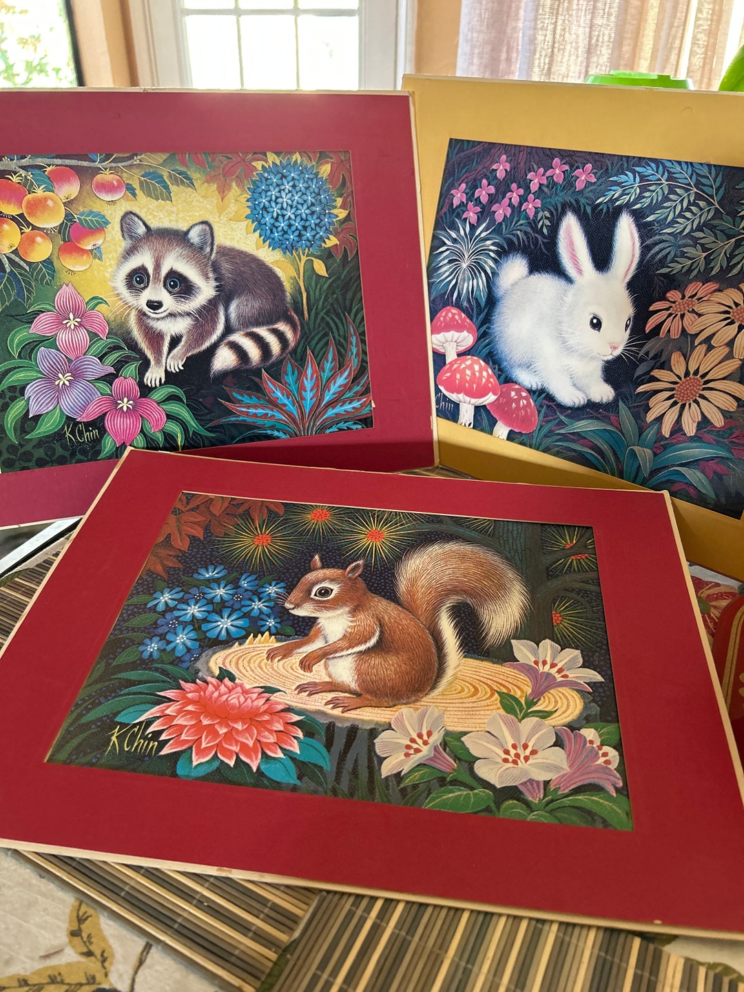 K Chin MCM Mid Century Modern Cute Animal Prints in Paper Frames 1960's ...