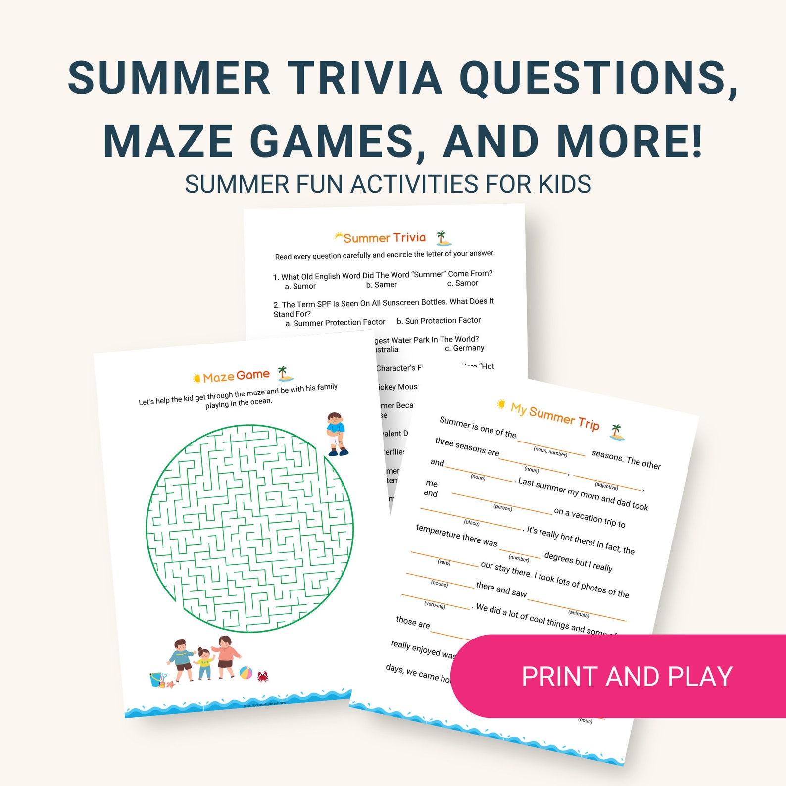 Summer Activity Sheets: Kids Printable Learning Games (PDF) - Etsy