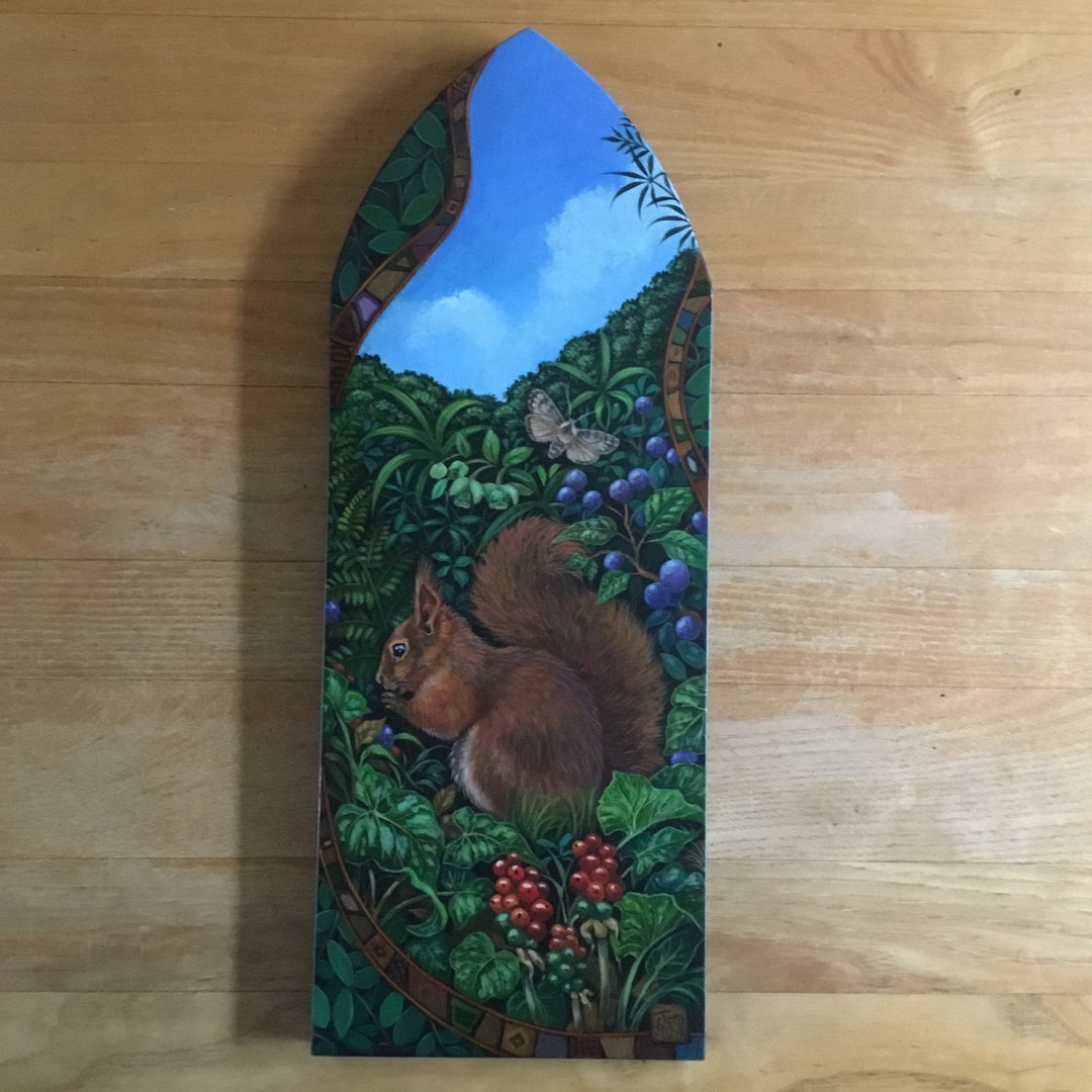 Squirrel Acrylic Painting on a Gothic Wooden Panel. Title ‘on the Green ...