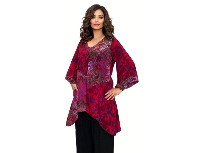 GIRINATA Bohemian Rayon Batik Tunic Top: Asymmetrical Bell Sleeve ...