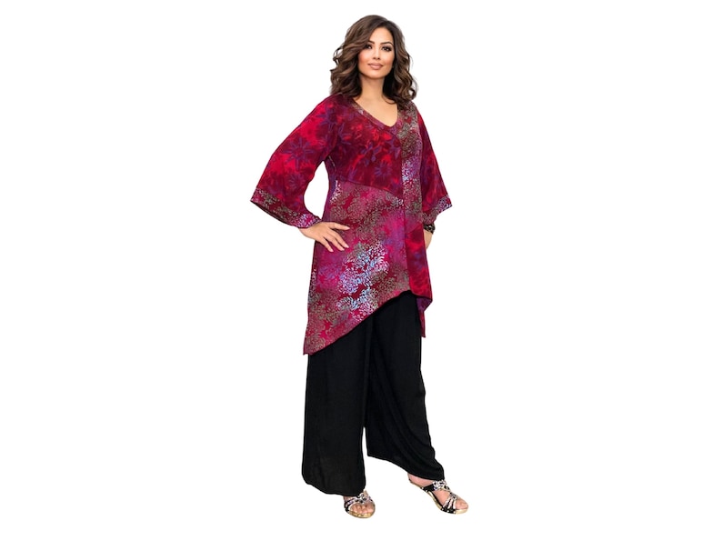 GIRINATA Bohemian Rayon Batik Tunic Top: Asymmetrical Bell Sleeve ...