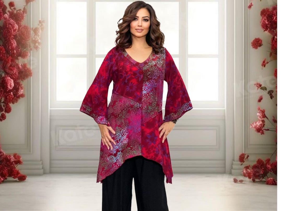 GIRINATA Bohemian Rayon Batik Tunic Top: Asymmetrical Bell Sleeve ...