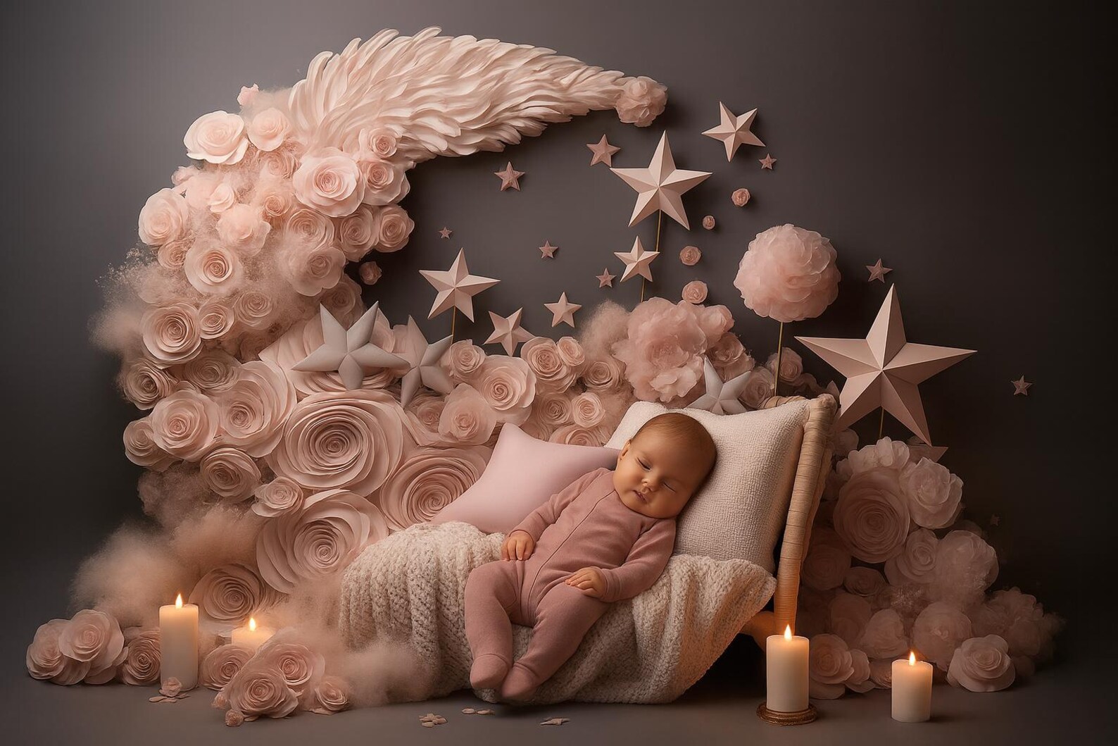 Newborn Background With Pink Moon and Flowers, Digital Moon Frame ...