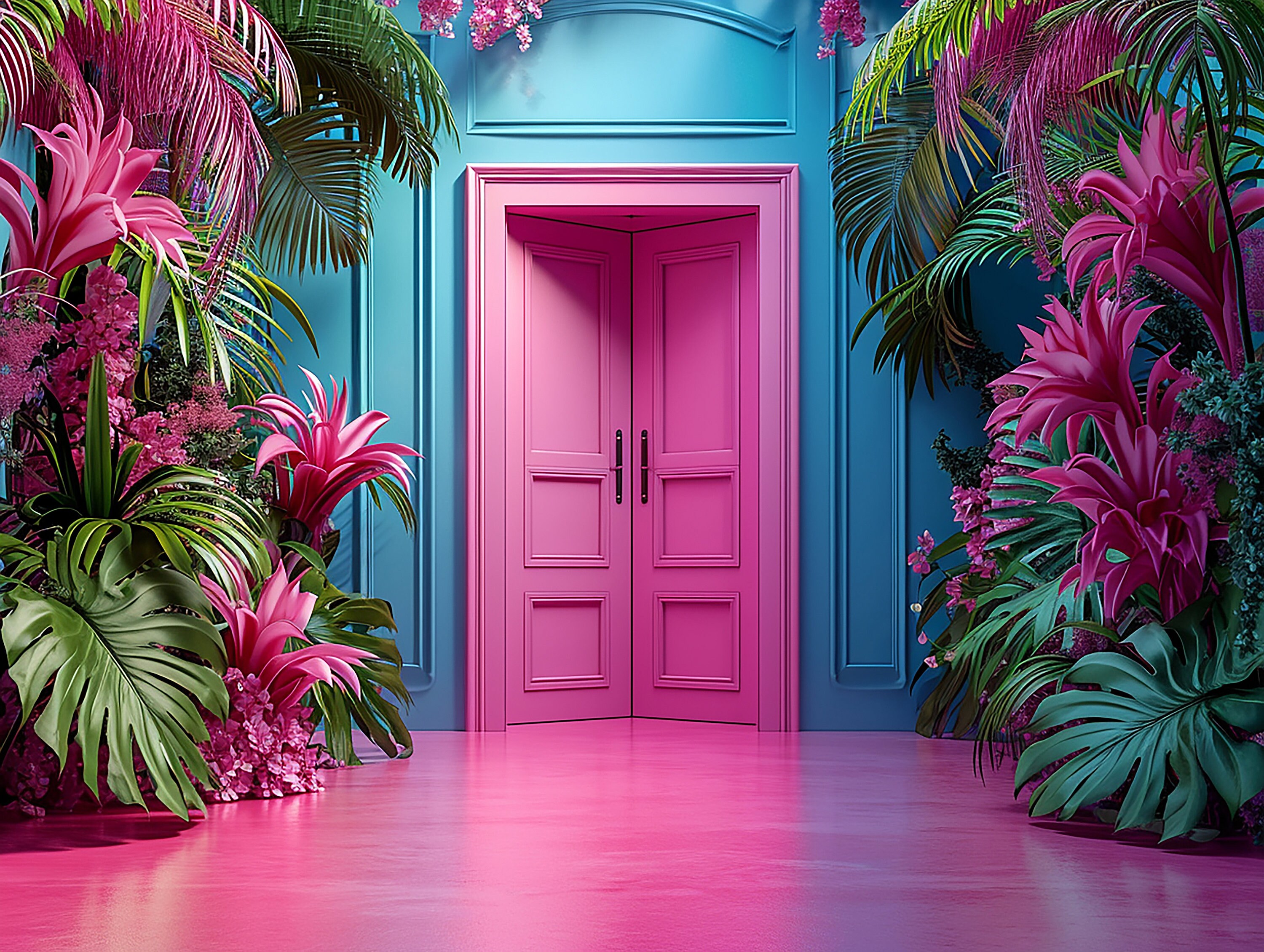 Pink Barbie Door With Palms Background for Photography, Digital Palms ...