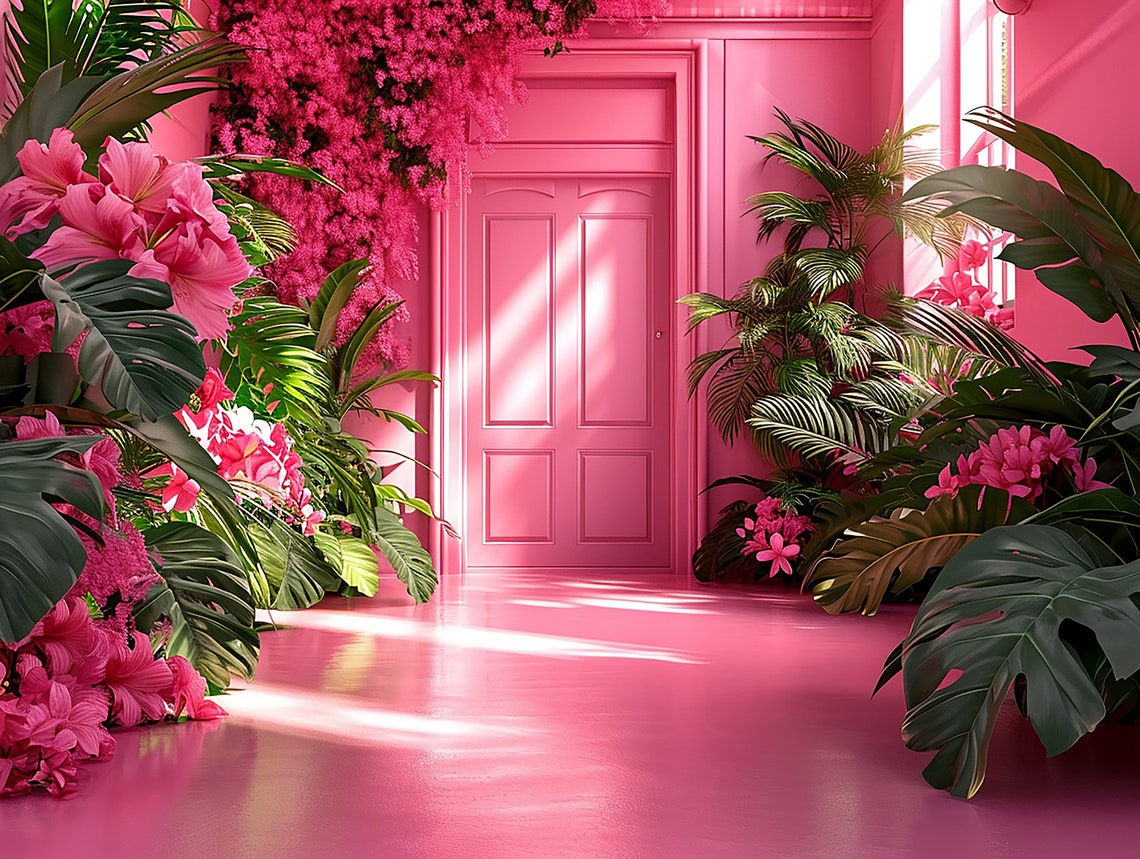 Pink Barbie Door With Palms Background for Photography, Digital Palms ...